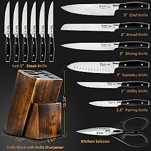 Kitchen Knife Set with Block, 15PCS Full Tang Knife Block Set, High Carbon Stainless Steel Knife Set with Built-in Sharpener, Professional Knives Set for Kitchen with Gift Box