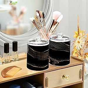 BOENLE 2 Pack Qtip Holder Dispenser Black White Golden Marble Bathroom Storage Canister Lid Acrylic Plastic Apothecary Jar Set Vanity Makeup Organizer for Cotton Swab/Ball/Pad/Floss