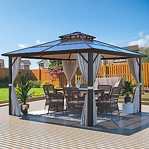 MELLCOM 12'x12' Hardtop Gazebo with Polycarbonate Double Roof, Aluminum Frame Outdoor Gazebo Permanent Pavilion with Curtains and Netting for Patio, Lawn & Garden