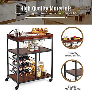COSTWAY Kitchen Rolling Island Cart, with 9-Bottle Wine Racks & Glass Holders, Utility Beverage Cart Trolley with Lockable Wheels for Home Kitchen, Wooden and Metal Frame, Rustic Brown