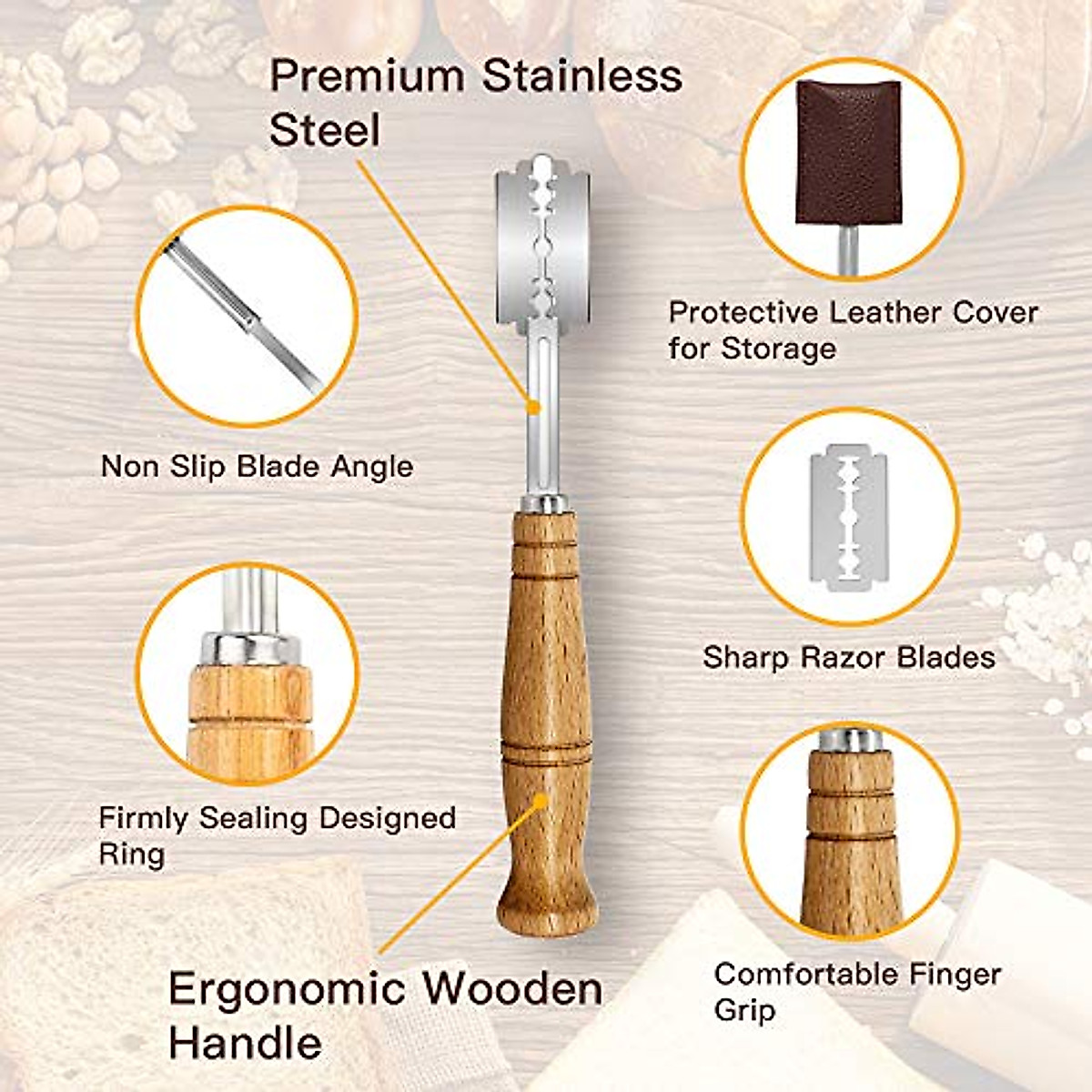 PPNZQAUT Premium Lame Bread Tool for Bakers, Handcrafted Bread Scoring Knife Lame with 10 Replaceable Blades, Homemade Pizza, Cake or Bread Lame Cutter Dough Scoring Tool with Leather Protective Cover