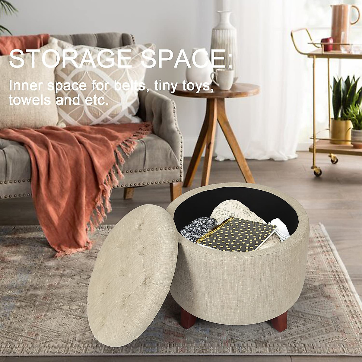 DECO DE VILLE Round Footstool Storage Ottoman, Cushion Button Tufted Linen Fabric Ottoman with Removable Lid, 20", Beige