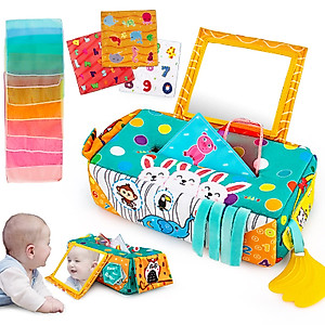 teytoy Baby Tissue Box Toy, Montessori Tissue Box Sensory Toy with Tummy Time Mirror Toy for Infant Newborn Toddlers High Contrast Sensory Toys for Boys Girls Early Learning Toys Baby Gifts