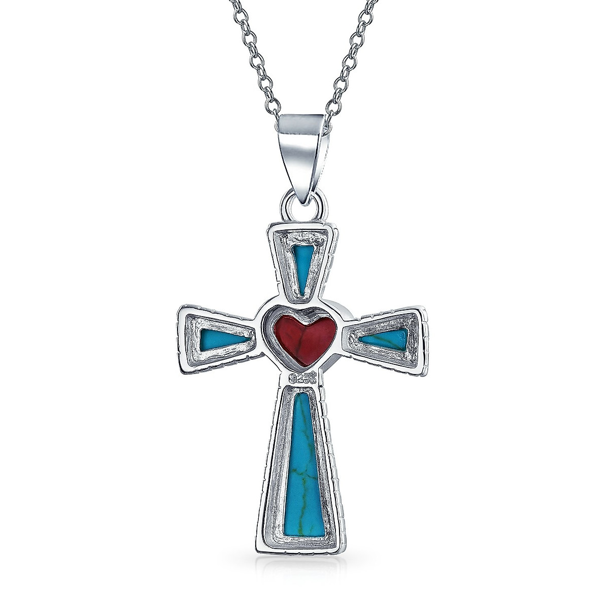 South Western Style Gemstone Blue Stabilized Turquoise Red Heart Cross Pendant Religious .925 Sterling Silver Necklace For Women Teen