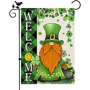 XIFAN St Patrick's Day Garden Flag Shamrock Gnome Clover Welcome Flag, Double Sided Buffalo Plaid Gold Coins, Small 12.5 x 18 Inch Green Saint Patrick Spring Yard Farmhouse Outdoor Decoration