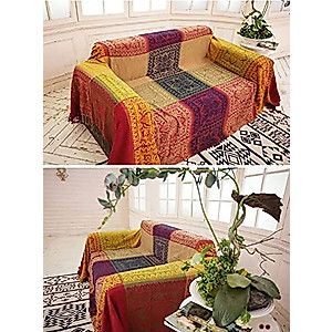 FinalNest Bohemian Tribal Throws Blankets Reversible Colorful Red Blue Boho Hippie Chenille Jacquard Fabric Throw Covers Large Couch Furniture Sofa Chair Loveseat Recliner Oversized (Red,L:102x87)