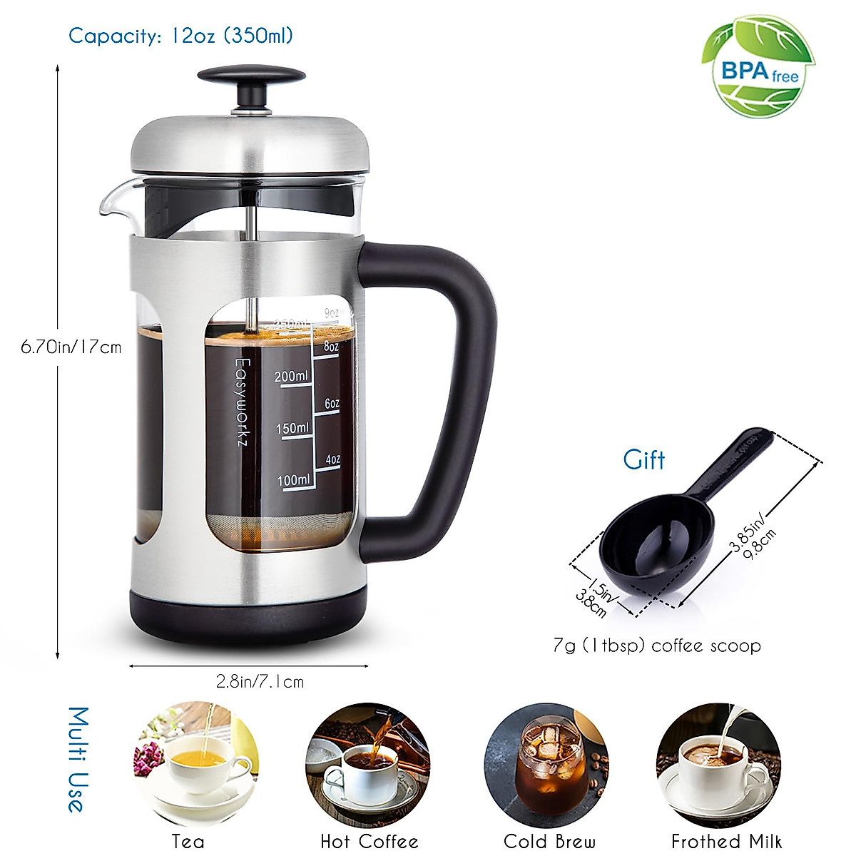 Easyworkz Stainless Steel French Press 12 oz Coffee Tea Maker with Soft Grip Handle