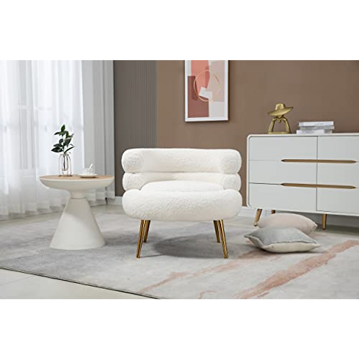 ZOBIDO Modern Accent Lambhair Chairs Comfy Upholstered Vanity Chairs for Bedroom Armchair Dining Chairs with Golden Metal Legs Desk Chair Single Person sofafor Living Room(White)