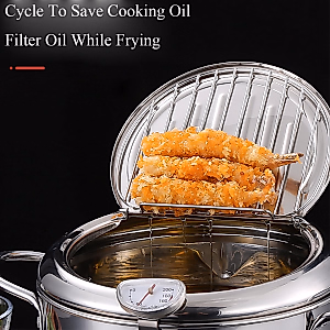 Deep Fryer Pot 304 Stainless Steel Japanese Frying Pot 3.4L/9.4 Inch Tempura Frying Pot with Lid, with Temperature Control Oil Drip Drainer Rack for Fried Chicken, Shrimp, French Chips dip