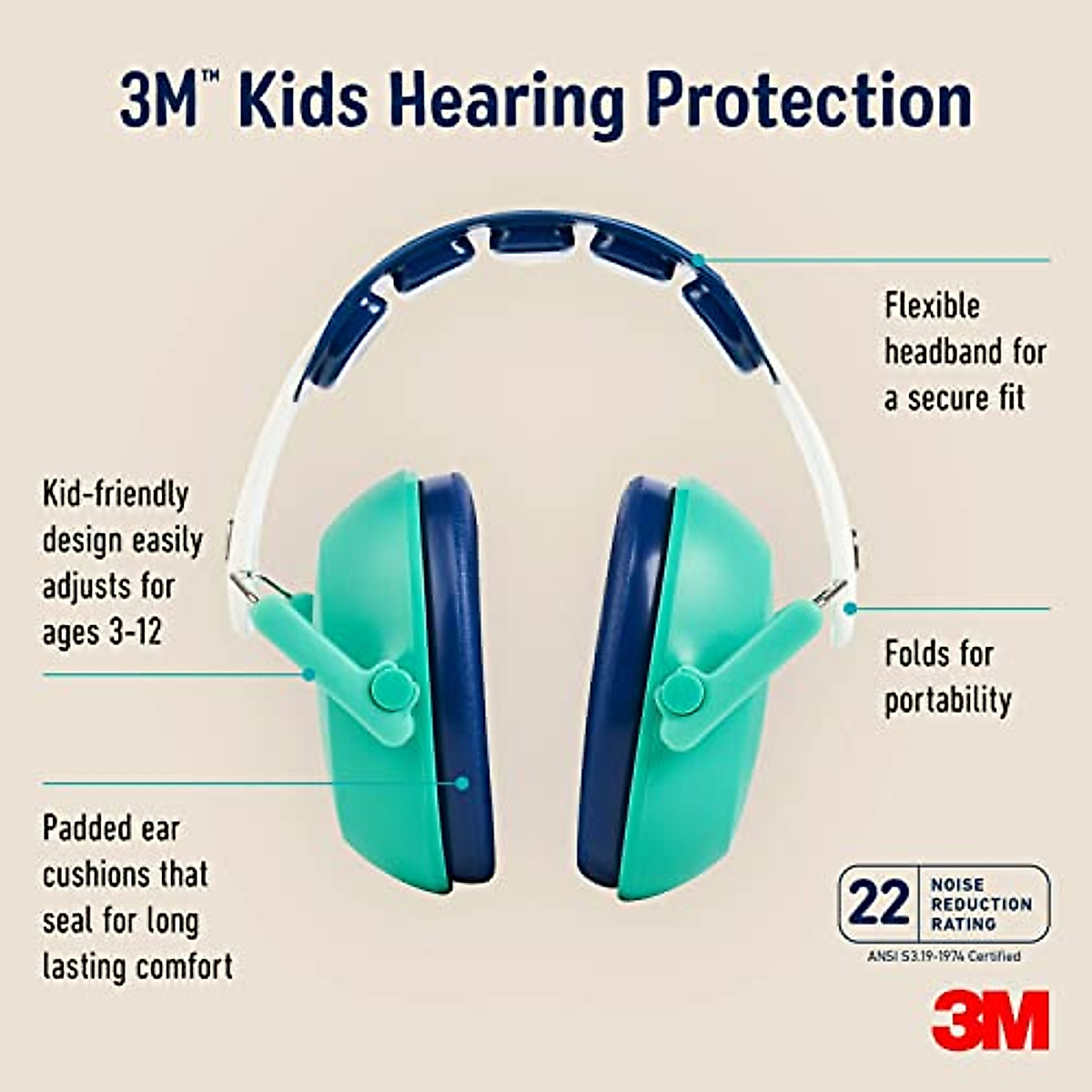 3M Kids Hearing Protection, Hearing Protection for Children with Adjustable Headband, 22dB Noise Reduction Rating, Green