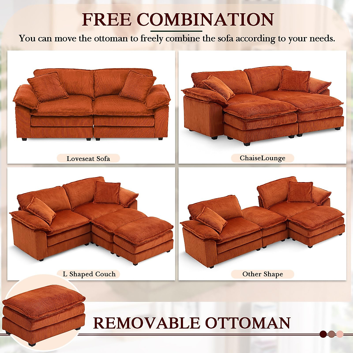 Oversized Chaise Lounge Chair Indoor with Ottoman,84.6"W Corduroy Upholstered Modern Loveseat Sofa,Deep Seat L Shaped Sectional Couch,Comfy Reclining Sleeper Chair for Living Room(2 Seater,Orange)