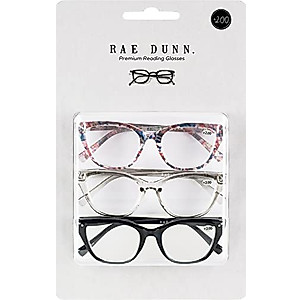 Rae Dunn "BELLA Premium Reading Glasses - 3 Pack w/SEE Signature Font (Pearl Multi/Crystal Cool Grey/Glossy Jet Black, 2.0)