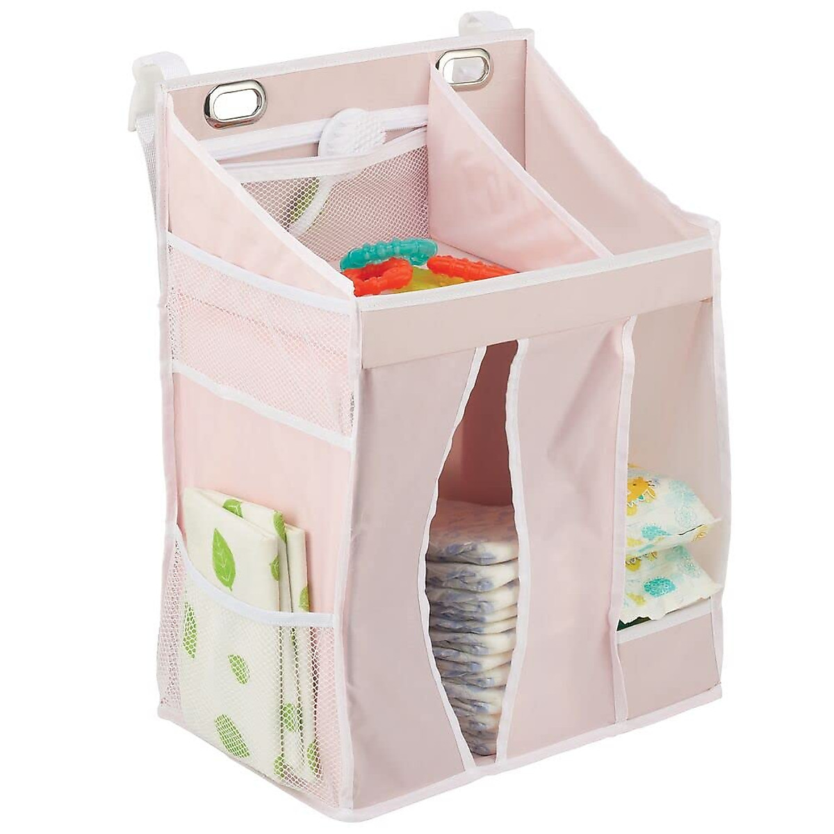 mDesign Baby Nursery Hanging Storage Organizer Caddy and Diaper Stacker for Baby Essentials, Hang on Crib, Changing Table or Wall - Multiple Pockets to Store Wipes, Creams, Lotions,Toys - Light Pink