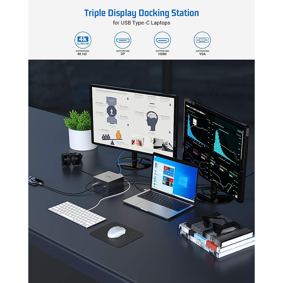 EUASOO USB-C Docking Station 16 in 1 Triple Display USB C Dock with Charging Support, 4K HDMI, DP, VGA, 7 USB Ports, Ethernet, SD/TF Card Reader for MacBook and Windows, MacOS only Support Mirror Mode