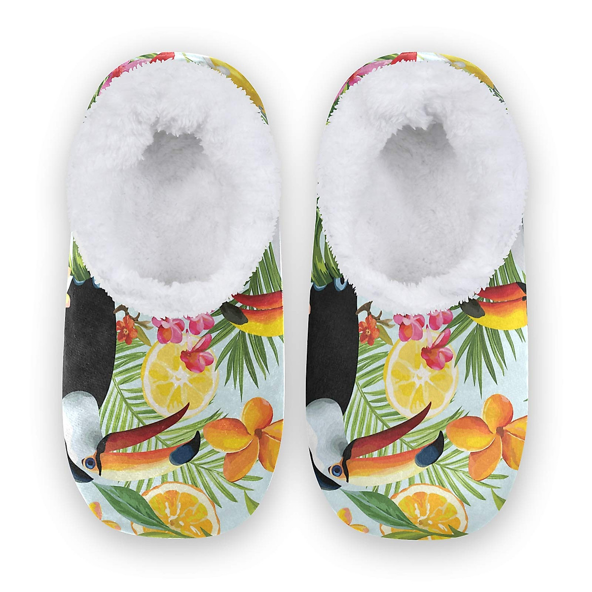 Qmxo Tropical Fruits Lemon Bird Toucan Flowers Slippers for Women and Men, Womens Coral Fleece Indoor Slippers House slippers Socks Fuzzy Feet Slippers Bedroom Slippers Non-Slip