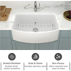 Lordear 30 White Farm Sink 30 inch Farmhouse Sink White Fireclay Ceramic Porcelain Curved Apron Front Single Bowl Farm Kitchen Sink Basin