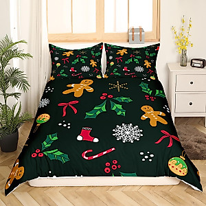 Erosebridal Merry Christmas Duvet Cover Twin,Cartoon Gingerbread Man Bedding Set for Kids Boys Girls,Sprig of Holly Floral Comforter Cover,Xmas Ball Bed Sets with 1 Pillowcase