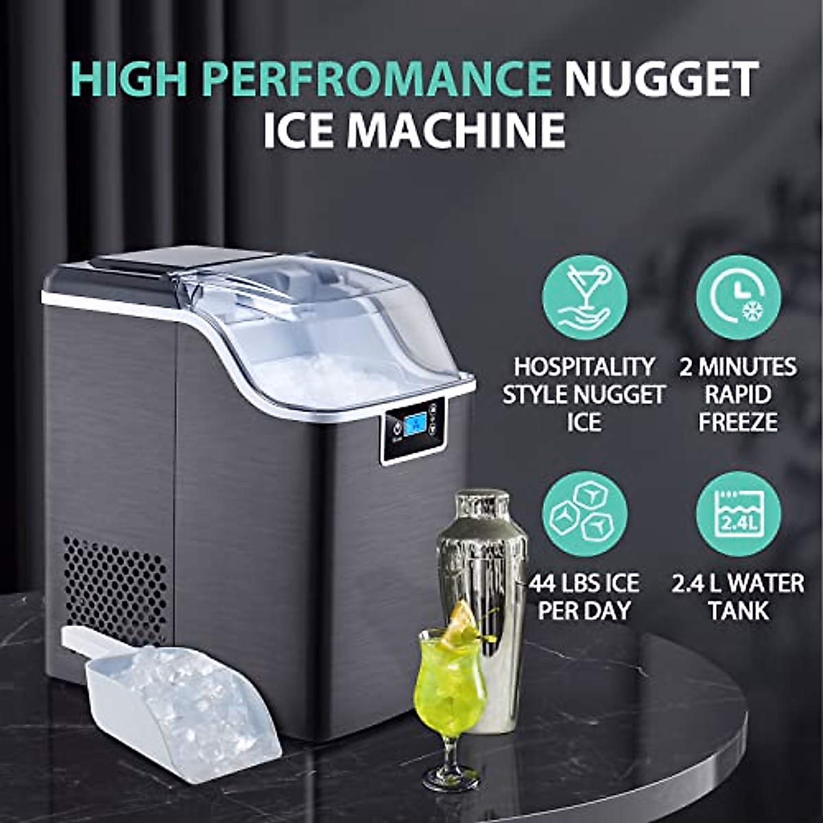 FREE VILLAGE Nugget Ice Maker Countertop, 44Lbs/24H Portable Ice Maker for Soft & Chewable Pellet Ice, Self-Cleaning & Quiet, Ice Machine with Ice Scoop & Basket for Home Office Bar Party-Black
