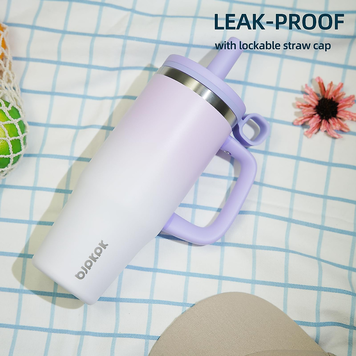 BJPKPK 32oz Stainless Steel Insulated Tumbler with Handle and Straw Travel Coffee Mug Thermal Cups with Lid,Purple Pearl