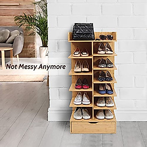 TQVAI 6 Tier Shoe Rack, Wood Shoe Organizer with Drawer, Tall Shoe Storage Rack for Entryway, Bamboo Color