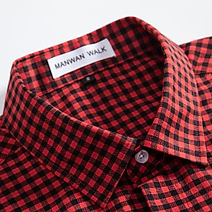 Manwan walk Men's Plaid Button Down Shirts Slim Fit Long Sleeve Casual Business Shirts Red/Black XL