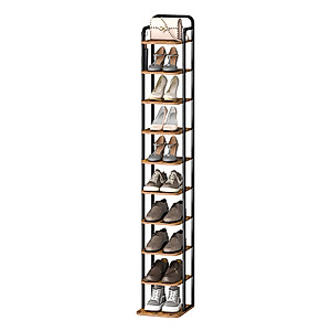 Hzuaneri Vertical Shoe Rack, Shoe Shelves, Wood Shoe Organizer for Closet, Entryway, Shoe Tower for Small Spaces, Free Standing, Adjustable, with 2 Hooks, 10 Tier Rustic Brown SR11201B
