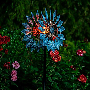 Solar Wind Spinner New Azure 75in Multi-Color Seasonal LED Lighting Solar Powered Glass Ball with Kinetic Wind Spinner Dual Direction for Patio Lawn & Garden