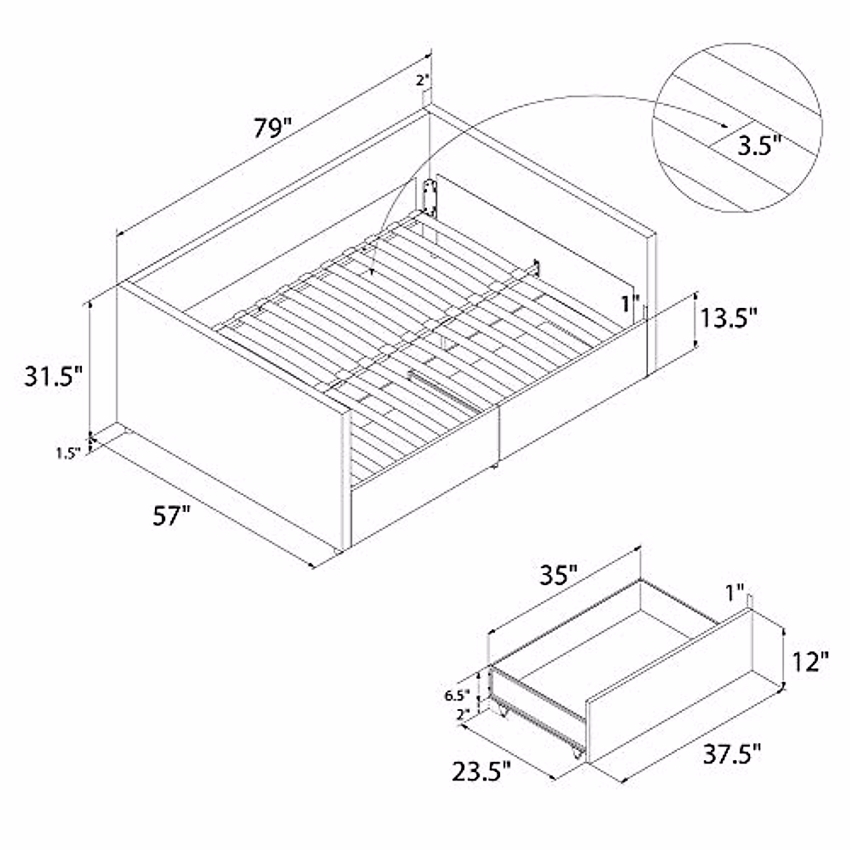DHP Theo Daybed with Storage Drawers, Full, Black Velvet