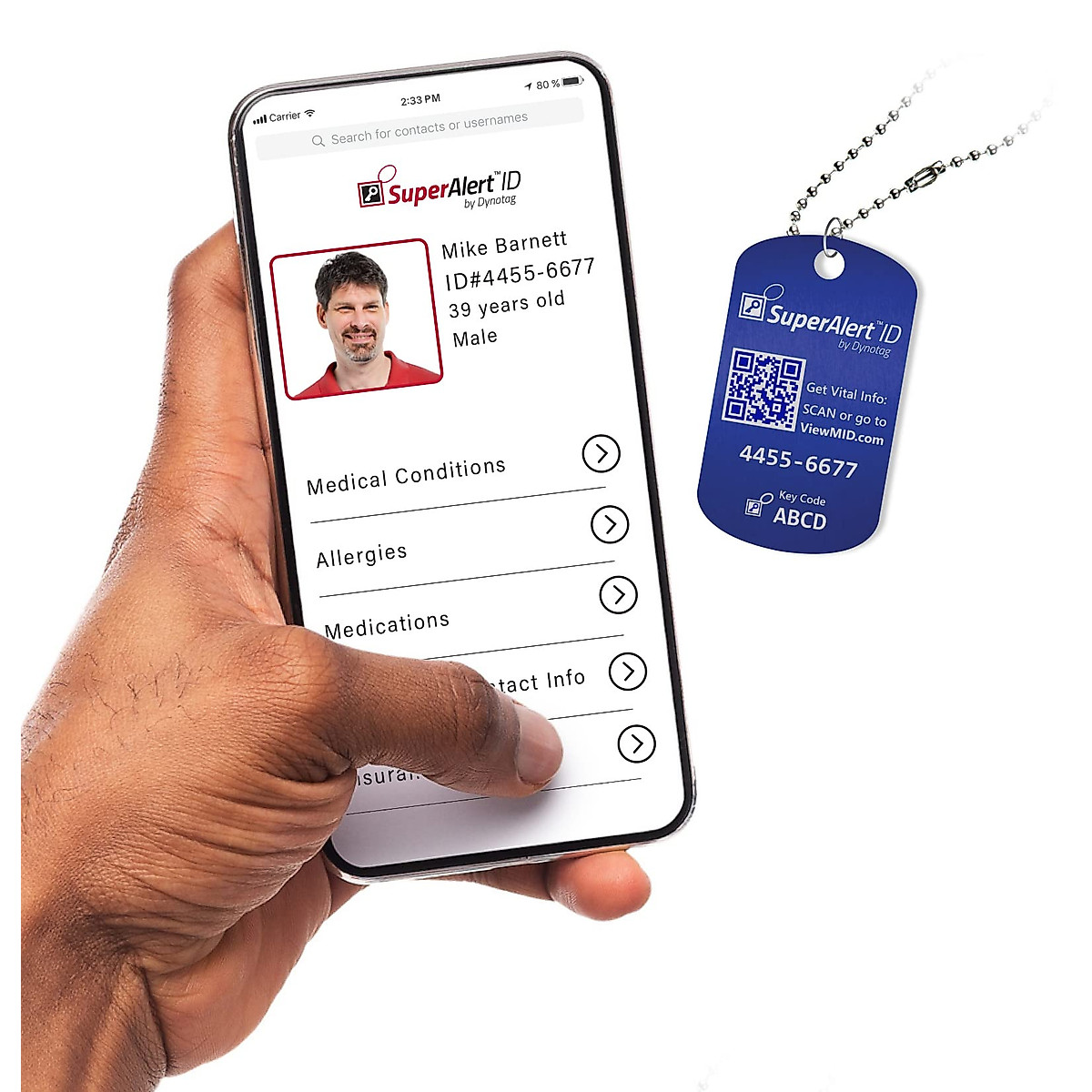 Dynotag® SuperAlertID Smart Military Style Medical ID/Emergency Information Anodized Aluminum Pendant & Chain Set, with DynoIQ™ & Lifetime Service. Blue (Blue)