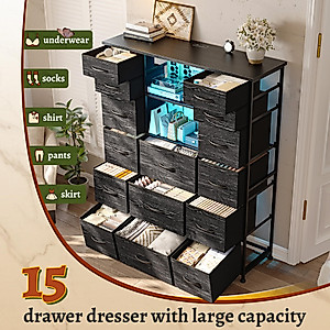 EnHomee 51" H Tall Dressers with Hutch 15 Drawer Dresser for Bedroom with Charging Station & LED Lights Sturdy Black Bedroom Dresser,Steel Frame, Wood Top, 51.2" H x 39.3" W x 11.8" D