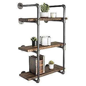 Pipe Decor 3 Tier Industrial Shelves, Vintage Iron DIY Shelving Unit, Rustic Wall Mounted Hanging Bookshelf, Garage or Kitchen Storage, Heavy Duty Floating Black Metal Rack Sturdy 35 inch, No Wood