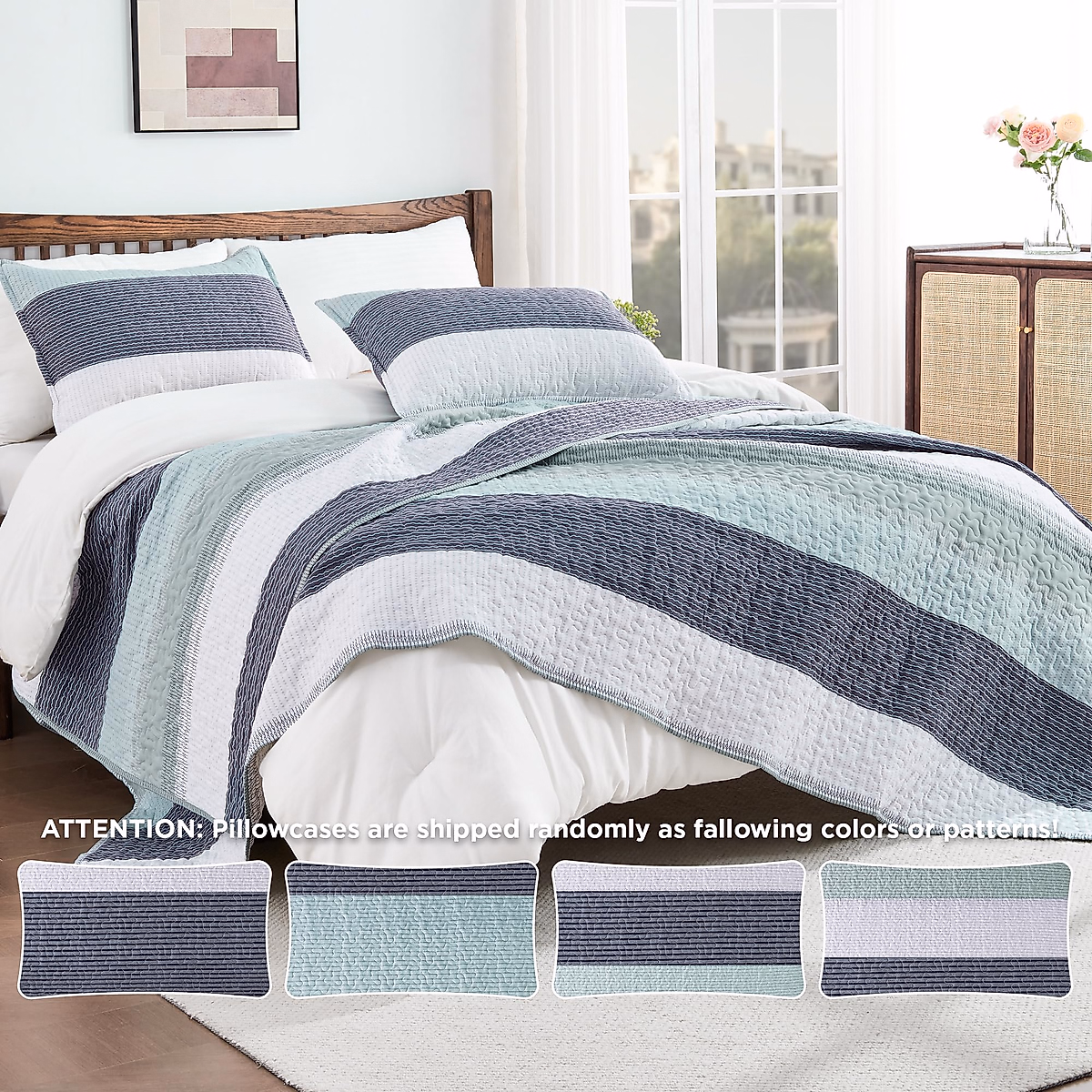 Andency Stripe Quilt Set Twin(68x86Inch), 2 Pieces (1 Striped Quilt and 1 Pillowcase) Mint Green Patchwork Striped Bedspread Coverlet Set, Soft Microfiber Stitched Quilt Bedding Set
