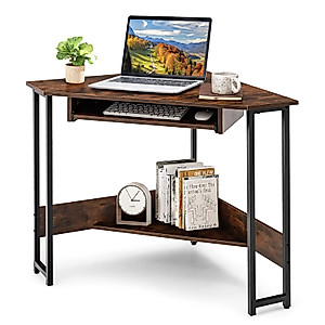 MEDIMALL Triangle Computer Desk, Small Corner Writing Table with Power Outlets, Keyboard Tray & Storage Shelf, Strong Metal Frame, Home Office Workstation Gaming Desk for Small Spaces, Rustic Brown