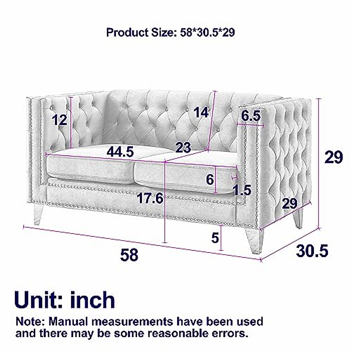 Melpomene Velvet 58" Upholstered Button Tufted Loveseat Sofa with Metal Legs, Chesterfield Sofa 2 Seat Sofa with Nailhead Trim,Grey