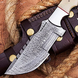 SUSA KNIVES Handmade Damascus Tracker Knife with Bone Handle - Survival Knife - Camping Knife - Damascus Steel Knife - Damascus Hunting Knife with Sheath Horizontal Carry Fixed Blade Knife (WHITE)
