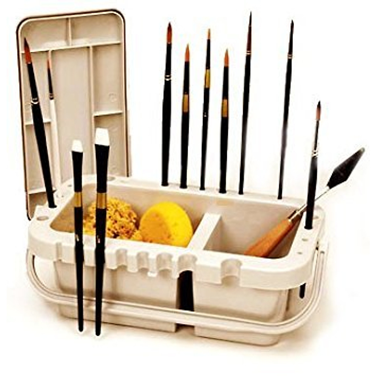 Portable Paint Brush Caddy and Holder with Storage Lid and Water Troughs 10.5 inches Gray Plastic