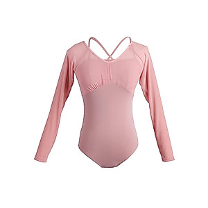Daydance Pink Women Ballet Leotards Long Sleeve Ballerina Practice Wear Faux 2 Pieces