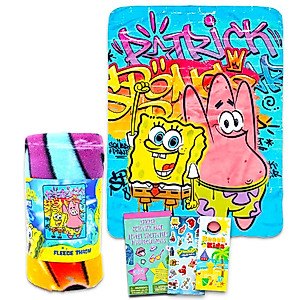 Spongebob Throw Blanket Bundle - Spongebob Squarepants Kids and Teens Blanket for Bedroom Decor Plus Stickers, More for Boys and Girls | Spongebob Blanket Size 45" x 60"