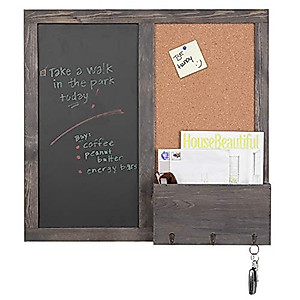MyGift Vintage Gray Wood Cork Board and Chalkboard Combo Entryway Wall Organizer with Mail Holder and 3 Key Hooks