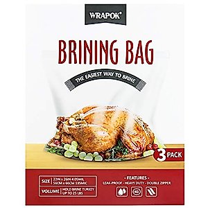 WRAPOK Turkey Brining Bags Double Zipper Heavy Duty Liner, BPA Free, Extra Large 22 x 26 Inch, Hold up to 35 Pounds - 3 Pack