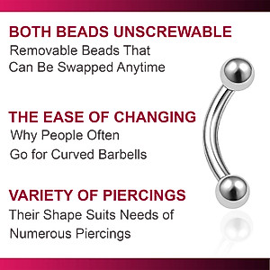 bodyjewellery 4pcs 14g Curved Barbell Septum Cartilage Earring Eyebrow Nose Lip Tragus Rook Daith Conch Stud Steel 3mm Balls - 10mm