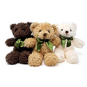 Fluffuns Teddy Bear Plush 9" (3 Pack) Cute Teddy Bears Stuffed Animals in 3 Colors - Stuffed Bears (Dark Brown, Golden, White)