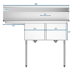 KoolMore 2 Compartment Stainless Steel NSF Commercial Kitchen Prep & Utility Sink with 2 Drainboards - Bowl Size 15" x 15" x 12", Silver, Left Drainboard