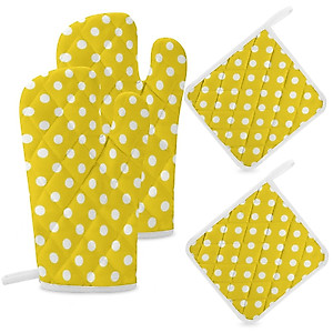 4PCS Oven Mitts Glove Kitchen Heat Resistant Pot Holders Set Lemon Yellow Polka Dot Pattern Kitchen Microwave Oven Gloves Mitts Anti-Scald Baking Cooking Gloves