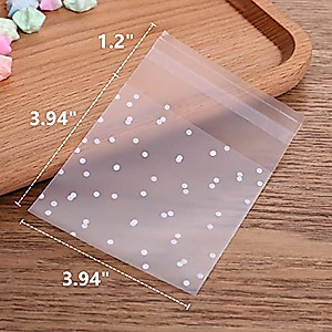 Cookie Bags Self Adhesive Cellophane Treat Bags - 100 pcs 3.94" x 3.94" Plastic White Polka Dot Pastry Bags for Dessert Candy Chocolate Bakery Cookie Packaging Party Gift