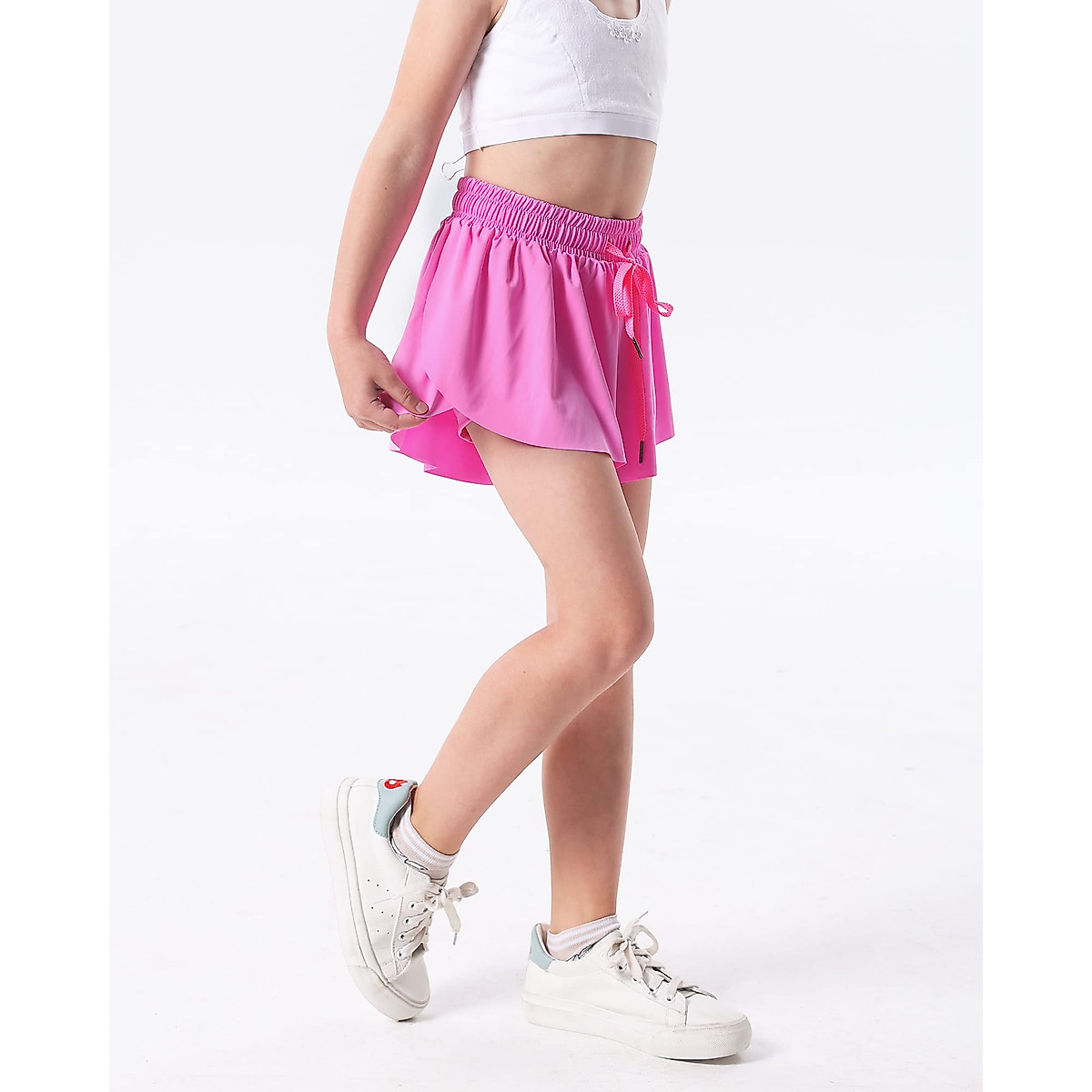 KEREDA Girls Flowy Shorts,Butterfly Shorts for Teen Girls with Spandex Liner 2-in-1 for Running,Gym,Athletic,Workout 1 Pack 7-8Y (Hot Pink)