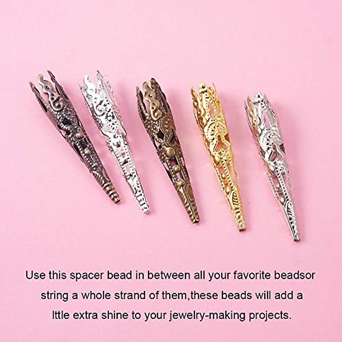 PH PandaHall 100 Pcs 5 Colors Goddess Hair Beads, 1.6 Inch Long Flower Bead Caps Bead End Hollow Bead Caps Spacers for Earring Pendant Neckalce Jewelry DIY Craft Goddess Beads for Hair Braid Jewelry