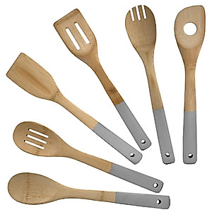 edge Bamboo Wooden Utensils 6 Piece Set for Cooking Slotted Spoon, Turner, Fork, High Heat for Non Stick Pots and Pans, Charcoal