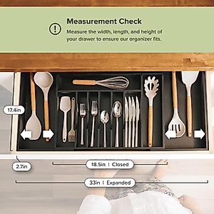KitchenEdge Premium Silverware, Flatware and Utensil Organizer for Kitchen Drawers, Food-Safe Contract Grade, Expandable from 18 to 33 In, Black Bamboo