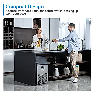 RESTISLAND Commercial Ice Maker Machine, 100 lbs /24 h, 33 lbs Storage Bin, Stainless Steel, Compact, Embedded, Self-Cleaning, Perfect for Home/Office/Shop/Cafe, Includes Ice Scoop, Connection Hose